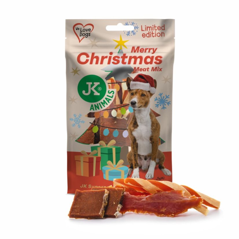 JK ANIMALS Vianočný mäsový Mix, kuracie mäso, kačacie mäso, mäso z lososa s kúskami kože a ...